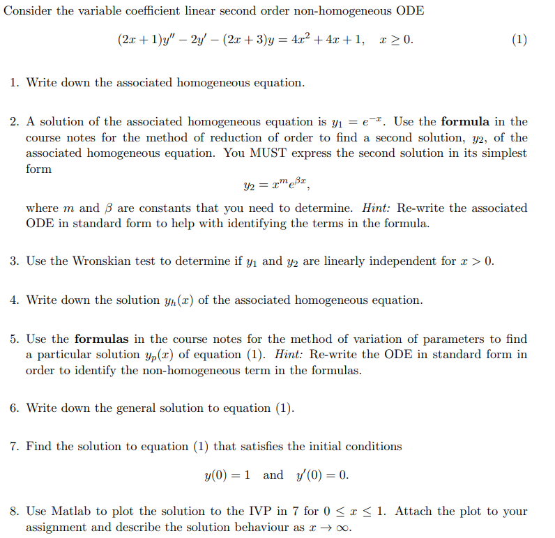Consider the variable coefficient linear second order | Chegg.com