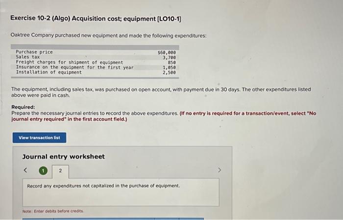 Solved Exercise 10-2 (Algo) Acquisition cost; equipment | Chegg.com