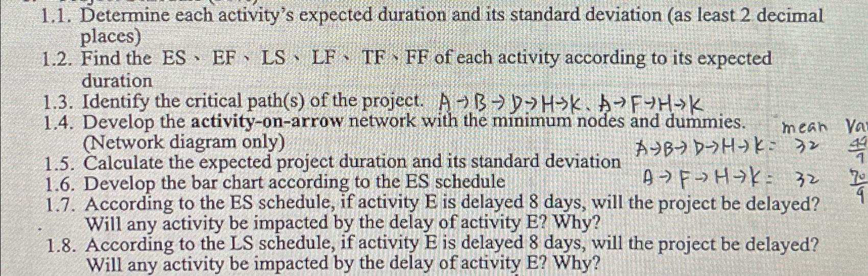 Solved 1.1. ﻿Determine each activity's expected duration and | Chegg.com