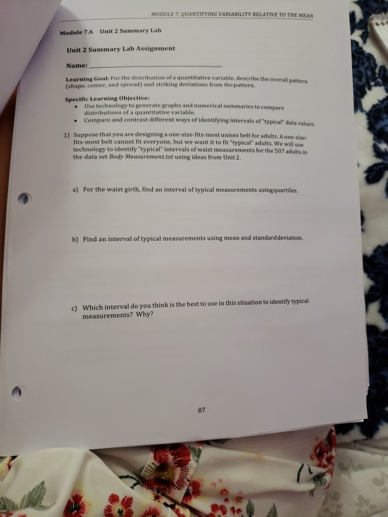 Solved MODULE 7. QUANTIFYING VARIABILITY RELATIVE TO THE | Chegg.com