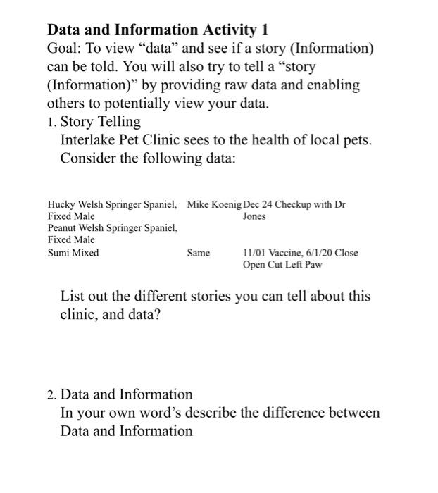 Solved Data and Information Activity 1 Goal: To view "data" | Chegg.com