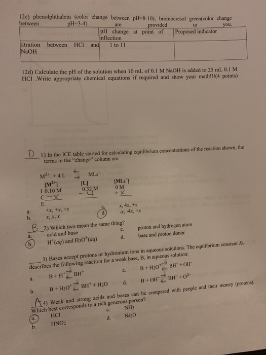 Solved you. 12e) phenolphthalein (color change between | Chegg.com