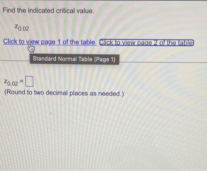 Solved Find the indicated critical value. z0.02 Click to | Chegg.com