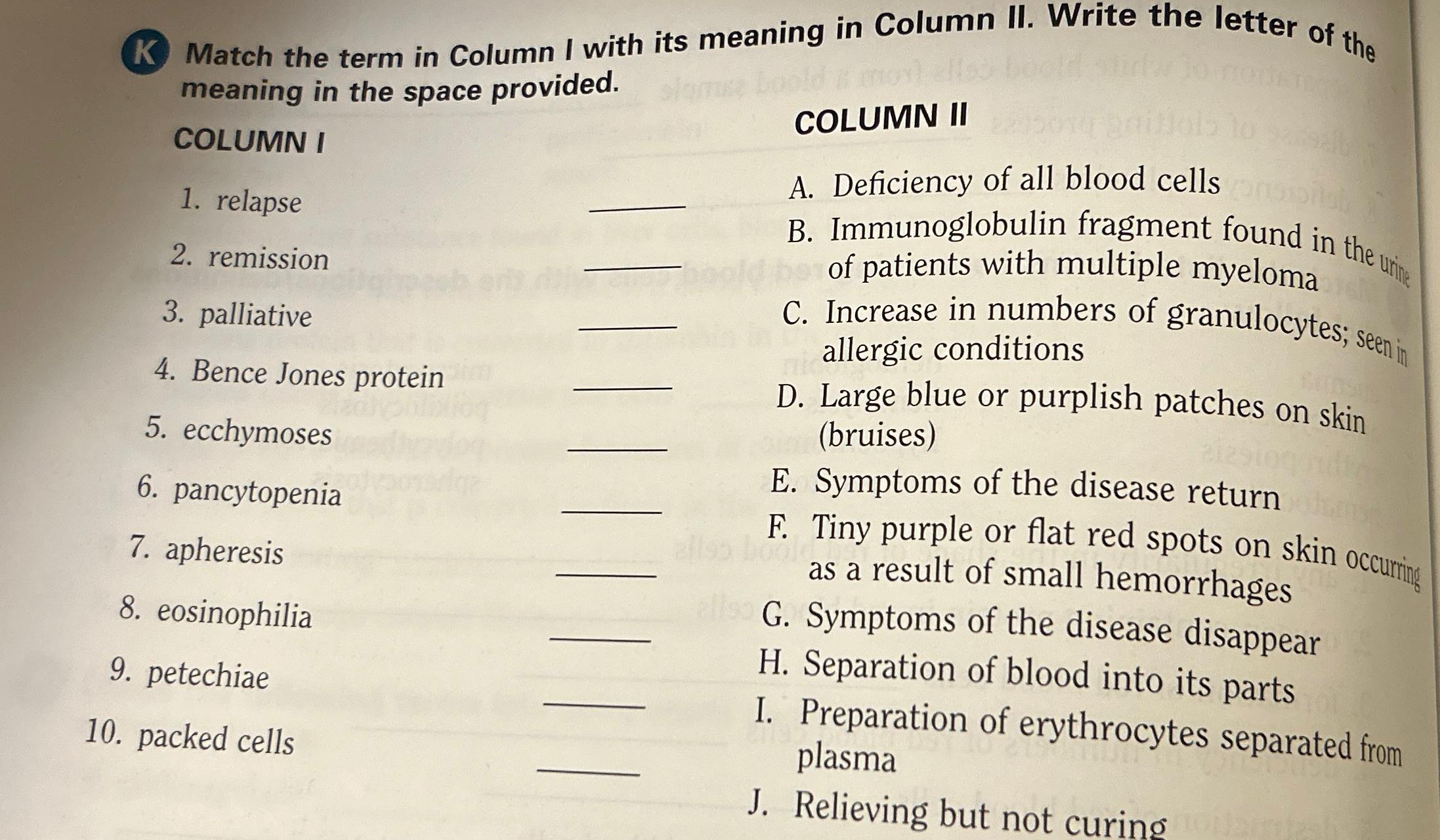 Solved Match the term in Column I with its meaning in Column | Chegg.com