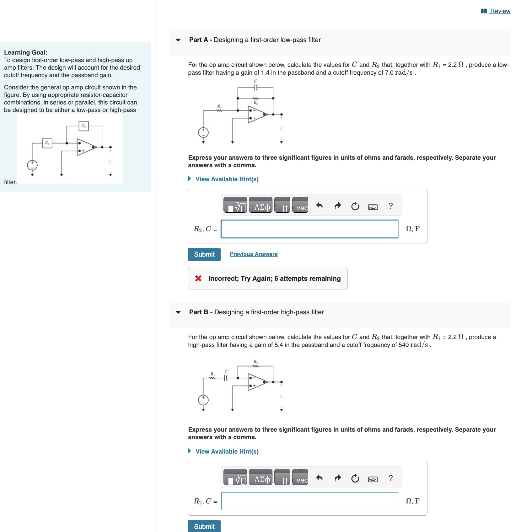 Part A - ﻿Designing a first-order low-pass filterFor | Chegg.com