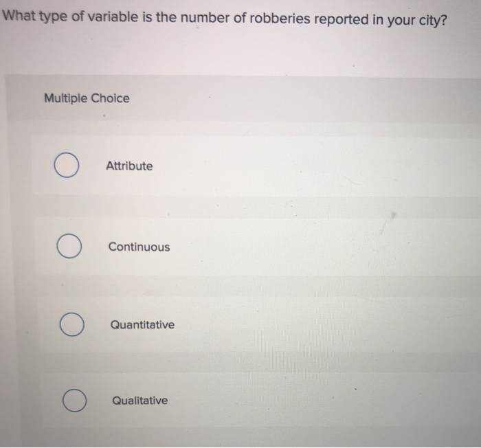 Solved What Type Of Variable Is The Number Of Robberies Chegg