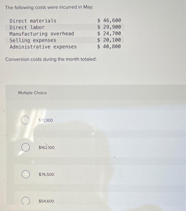 Solved The following costs were incurred in May: Direct | Chegg.com