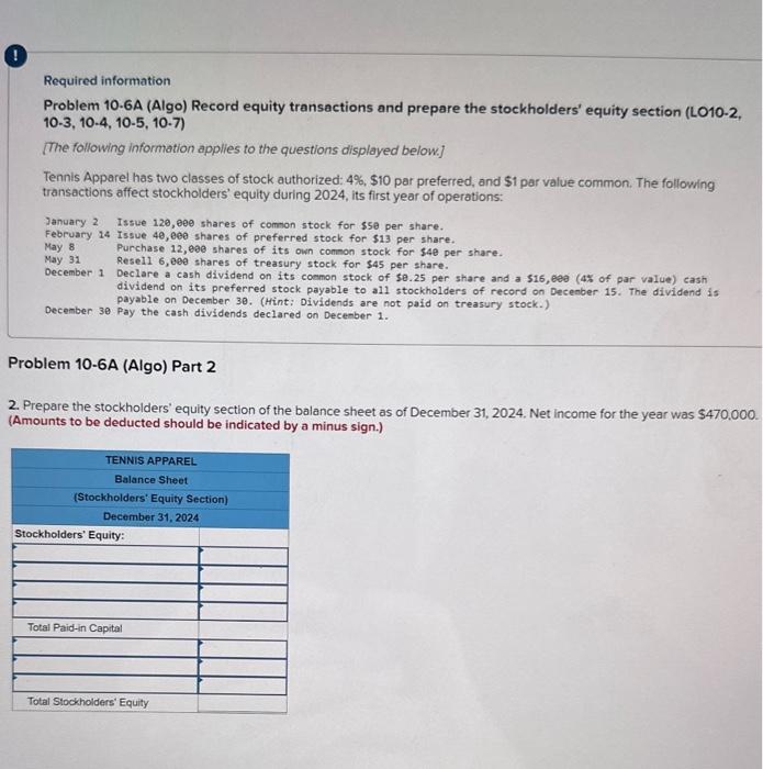 Solved Required information Problem 10.6A (Algo) Record | Chegg.com