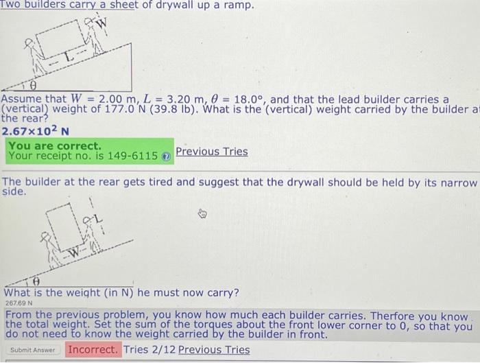 Solved Two builders carry a sheet of drywall up a ramp. | Chegg.com