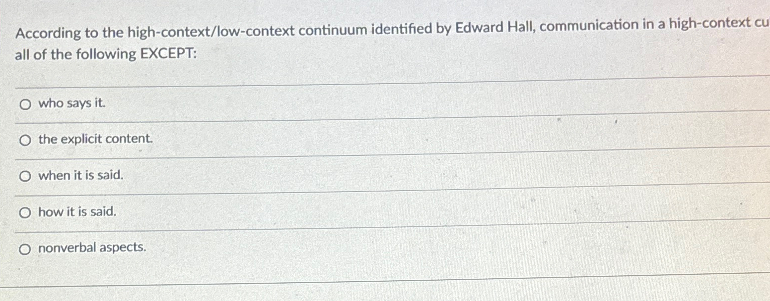 Solved According to the high-context/low-context continuum | Chegg.com