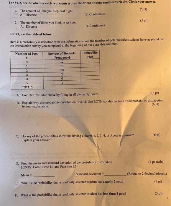 Solved For #1-2, decide whether each represents a discrete | Chegg.com