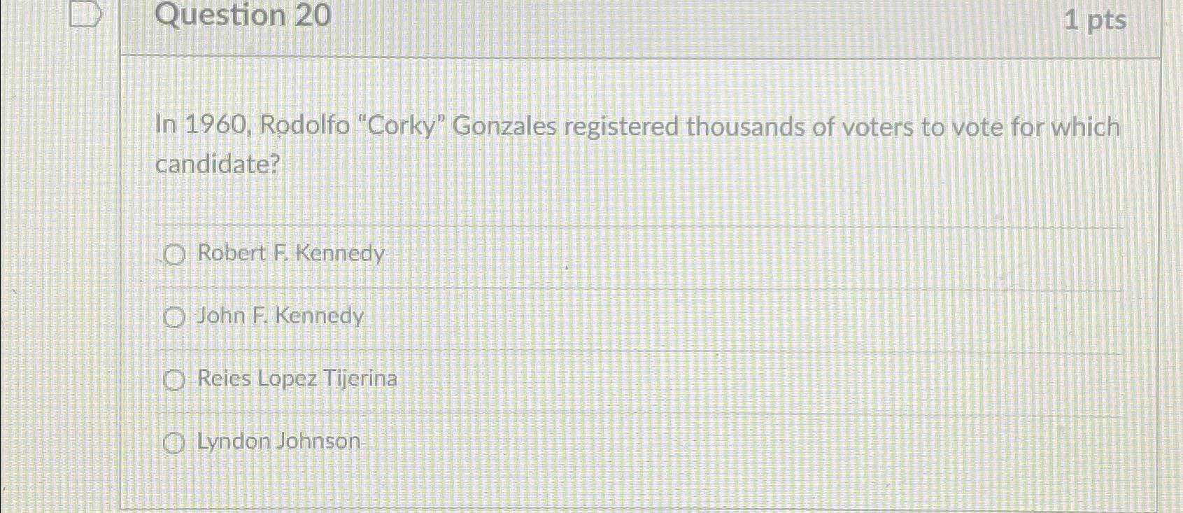 Question 201 ﻿ptsIn 1960, ﻿Rodolfo "Corky" Gonzales | Chegg.com