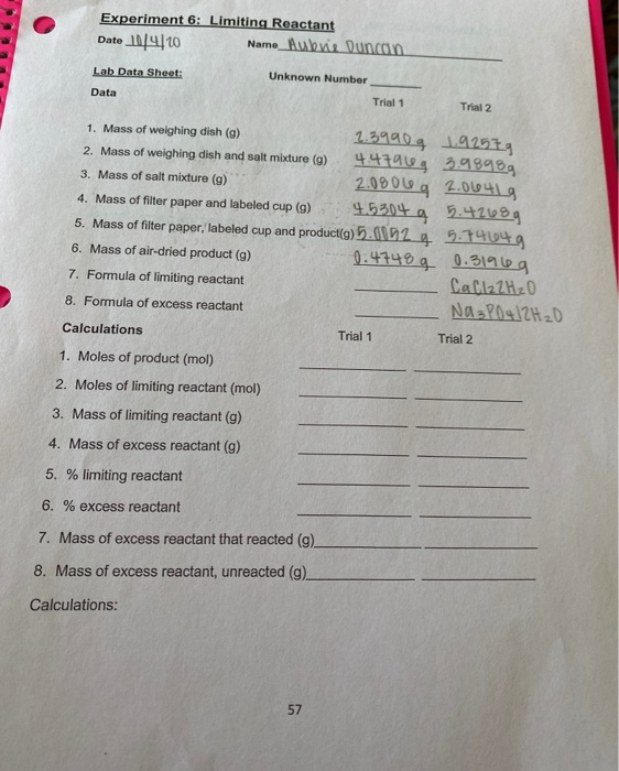 Experiment 6: Limiting Reactant Date 2014110 | Chegg.com