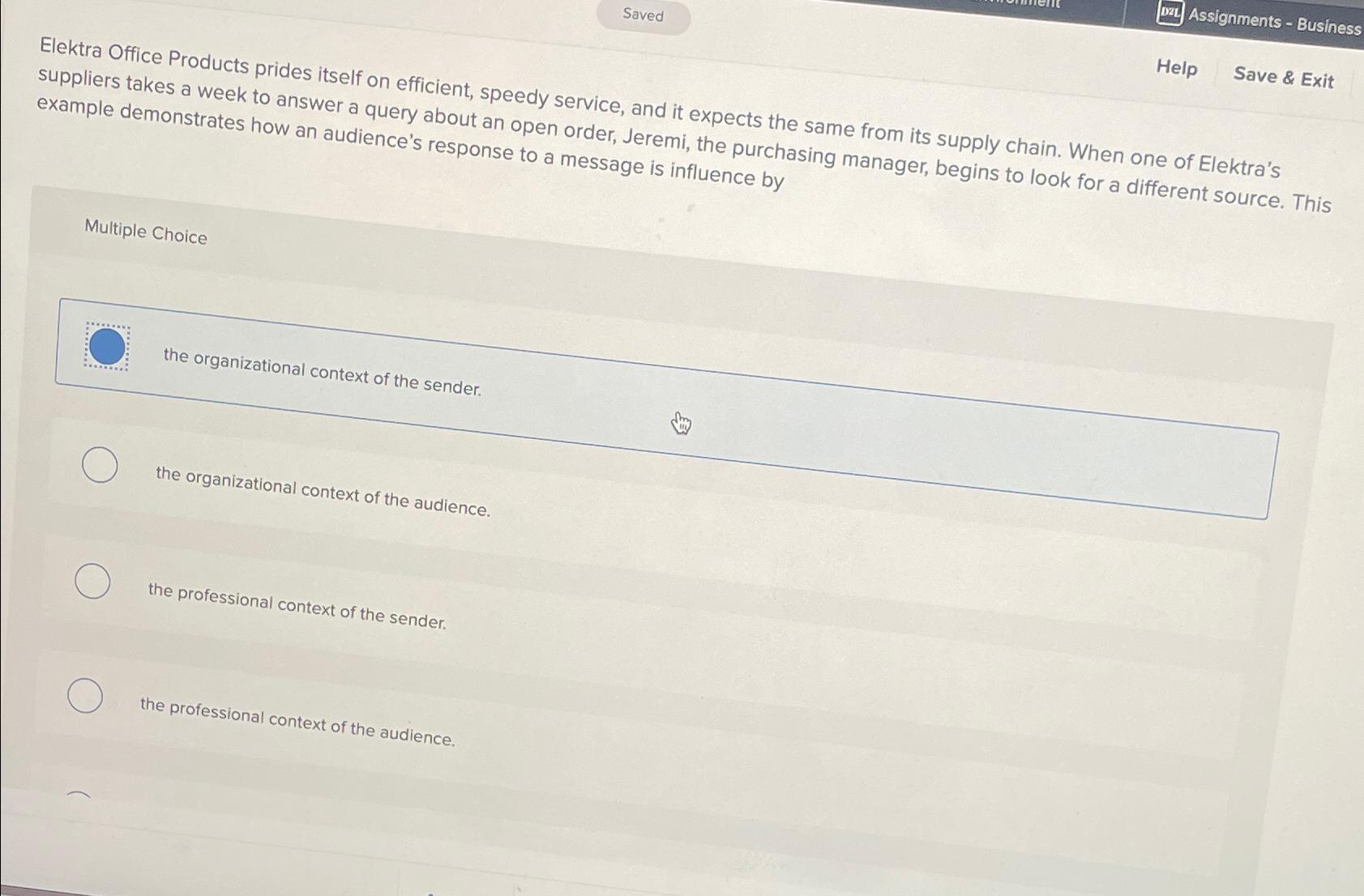 Solved SavedAssignments - ﻿BusinessHelpSave & ExitElektra | Chegg.com