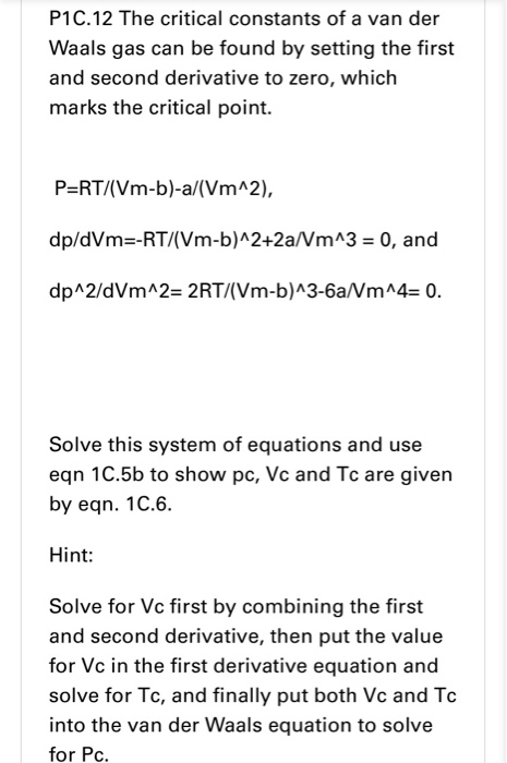 Solved P1C.12 The critical constants of a van der Waals gas | Chegg.com