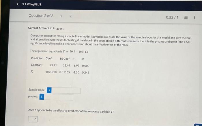 Solved Computer Output For Fitting A Simple Linear Model Is