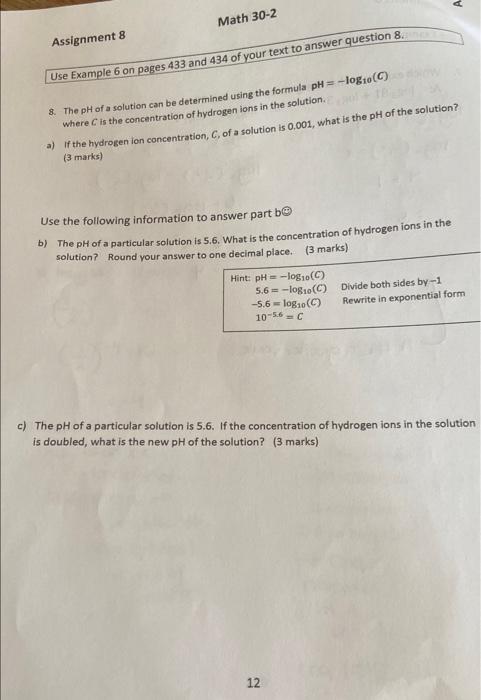 Solved Math 30-2 Assignment 8 Use Example 6 on pages 433 and | Chegg.com