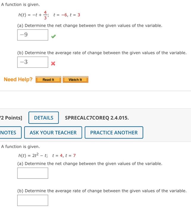 Solved A function is given. h(t)=−t+34;t=−6,t=3 (a) | Chegg.com