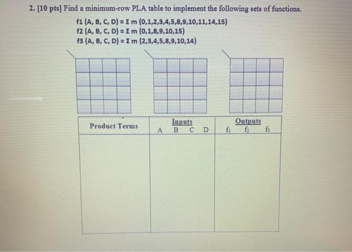 Solved 2. [10 pts) Find a minimum-row PLA table to implement | Chegg.com