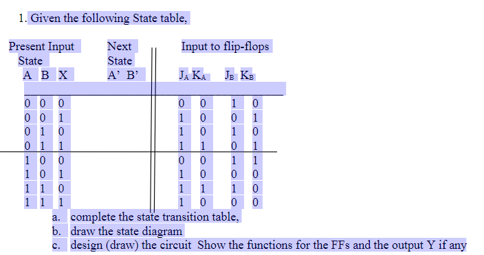 Solved Given the following State table,a. ﻿complete the | Chegg.com