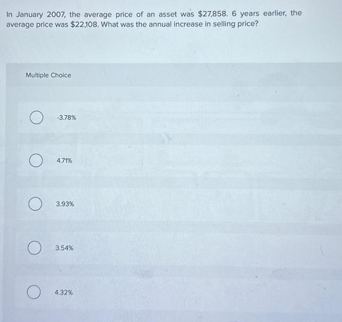 Solved In January 2007, the average price of an asset was | Chegg.com