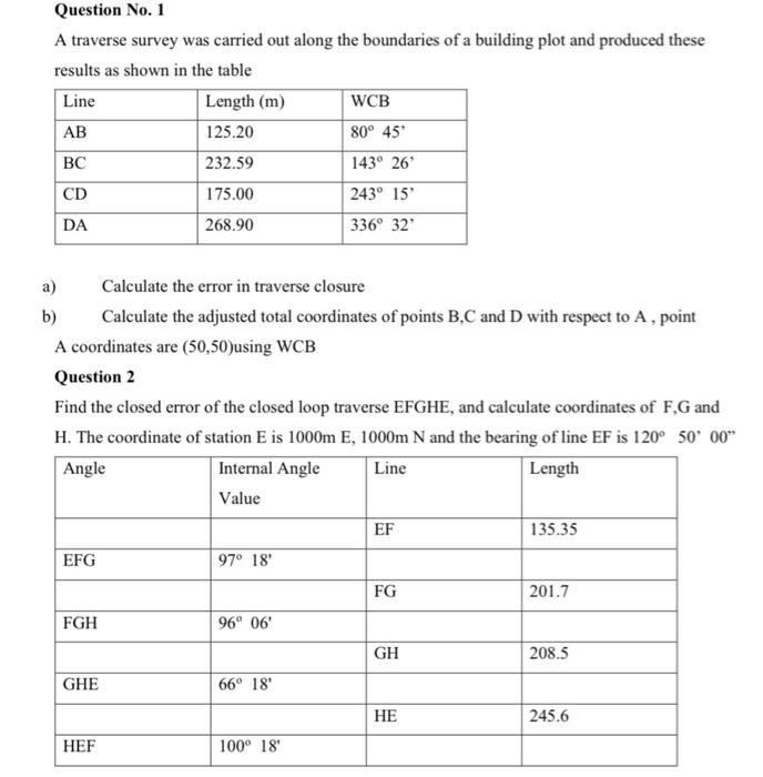 Solved Question No. 1 A traverse survey was carried out | Chegg.com