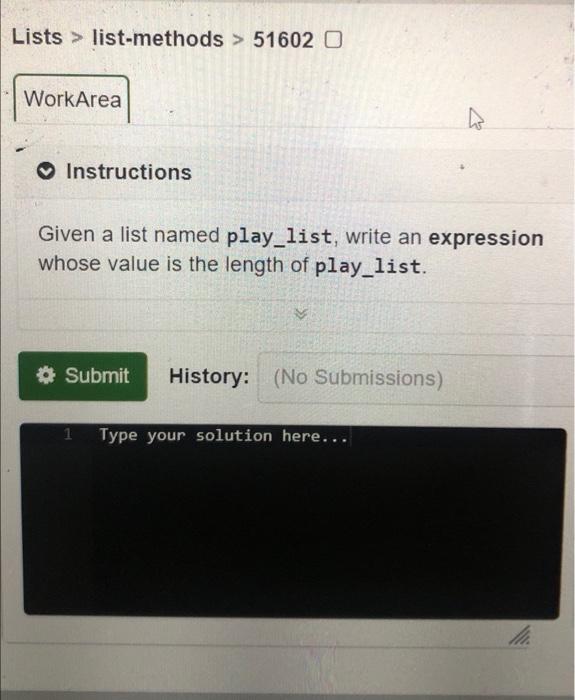 Solved Lists > list-methods > 51211 O WorkArea Instructions | Chegg.com
