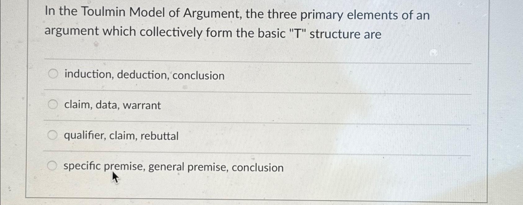 Solved In the Toulmin Model of Argument, the three primary | Chegg.com