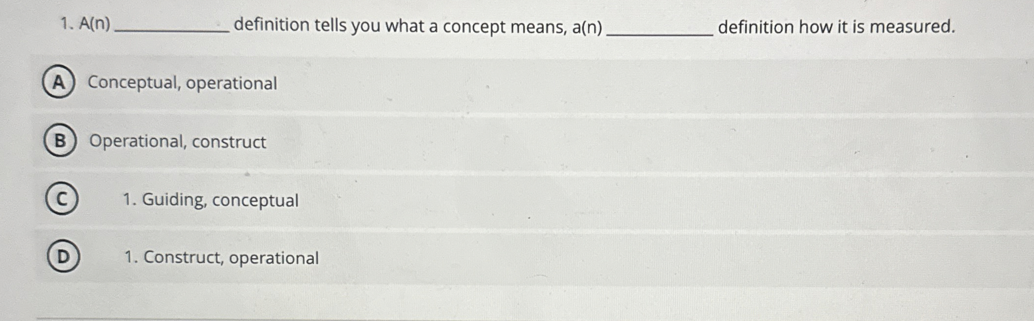 Solved A(n) ﻿definition tells you what a concept means, | Chegg.com