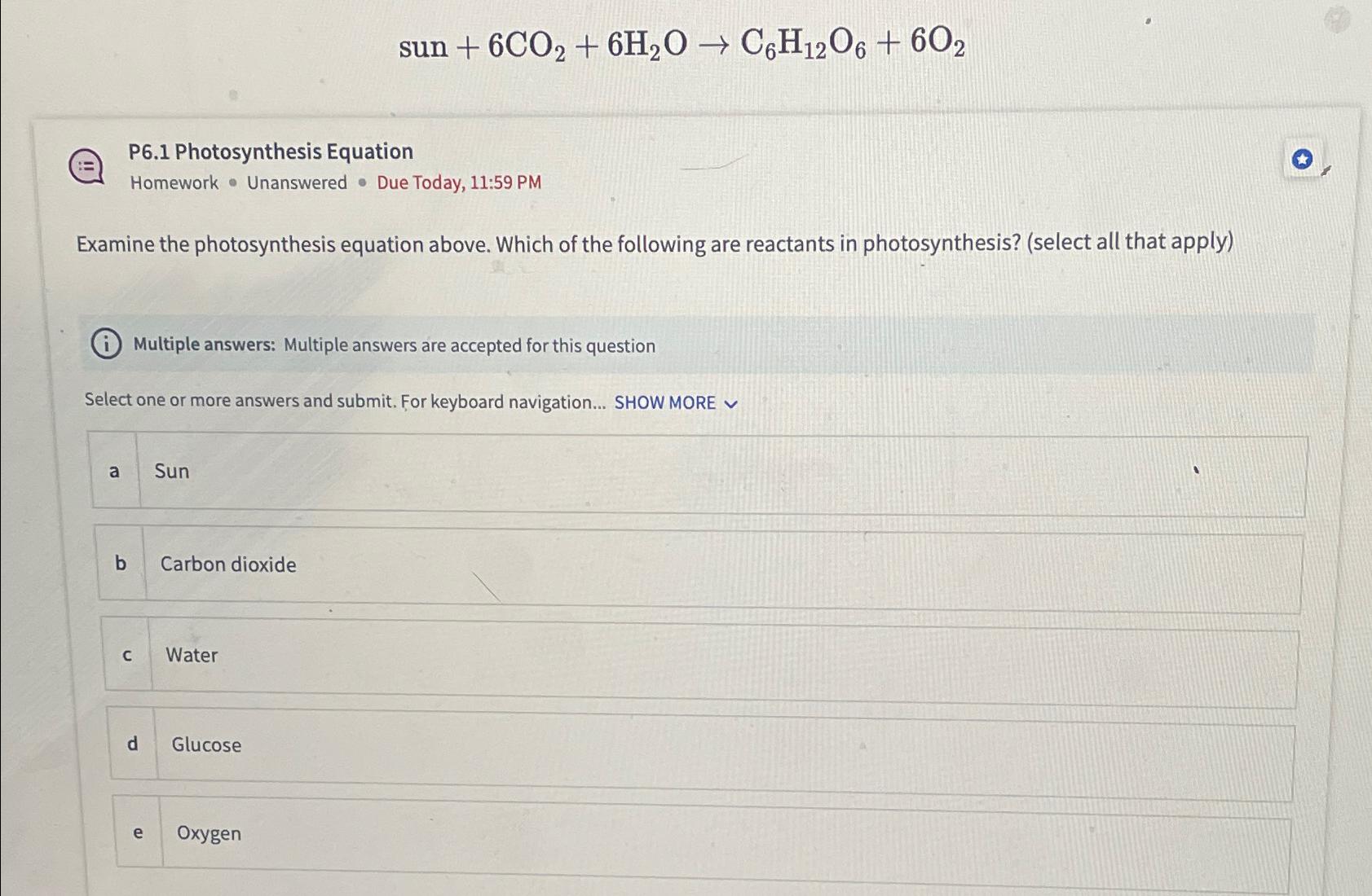 Solved sun +6CO2+6H2O→C6H12O6+6O2P6.1 ﻿Photosynthesis | Chegg.com