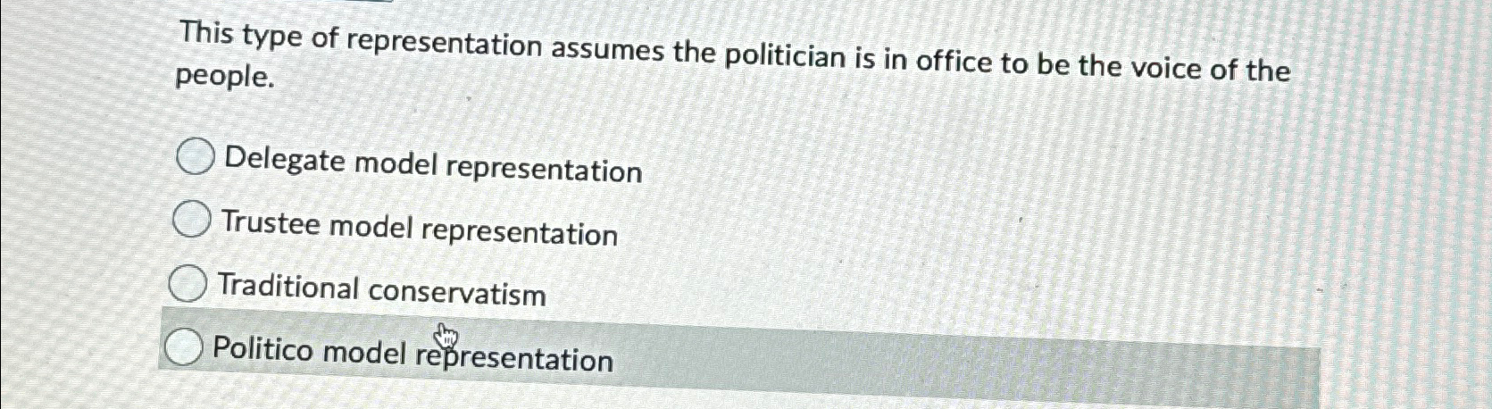 Solved This type of representation assumes the politician is | Chegg.com