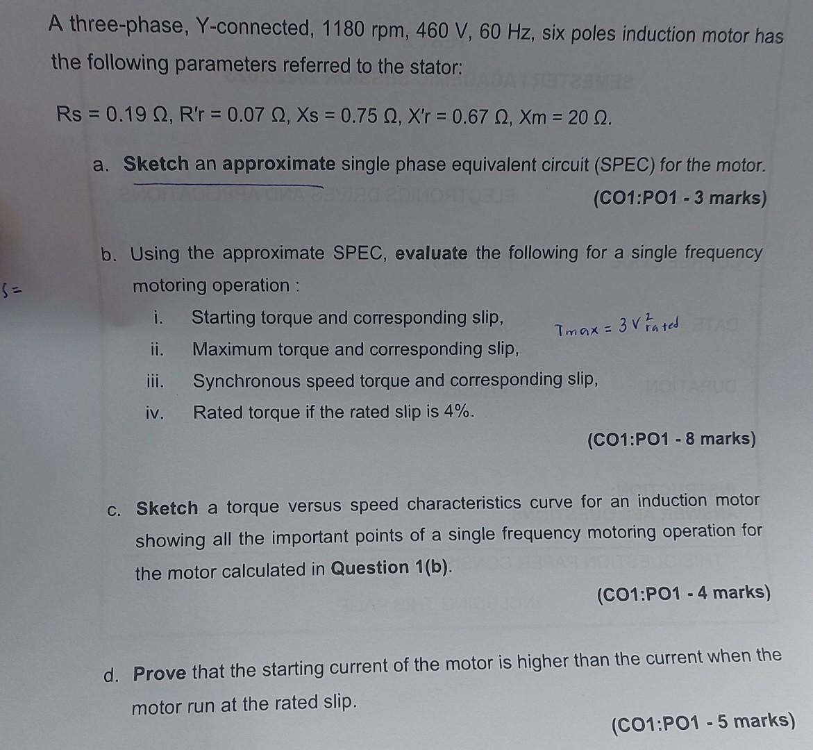 Solved A three-phase, Y-connected, 1180rpm,460 V,60 Hz, six | Chegg.com