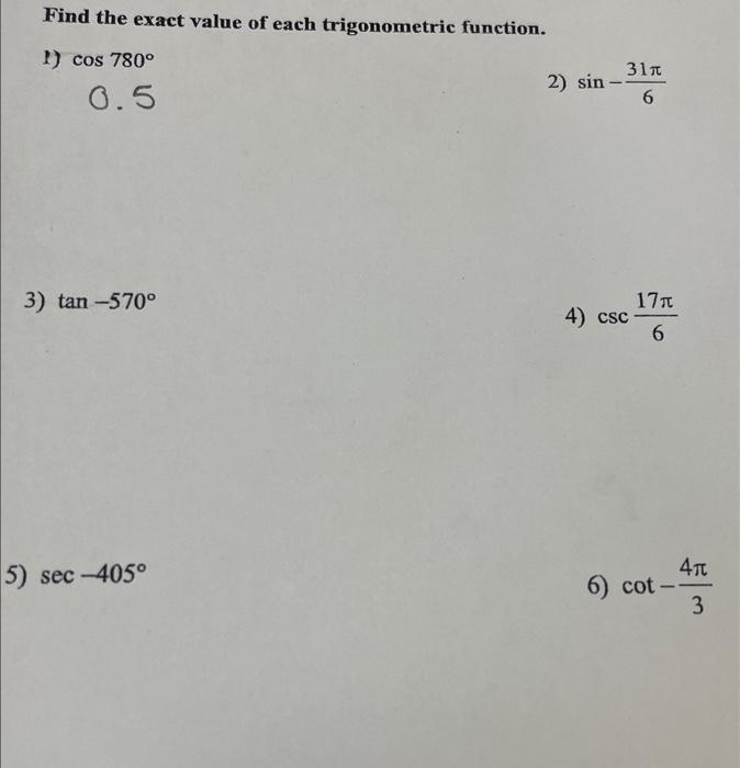 Solved Find the exact value of each trigonometric function. | Chegg.com