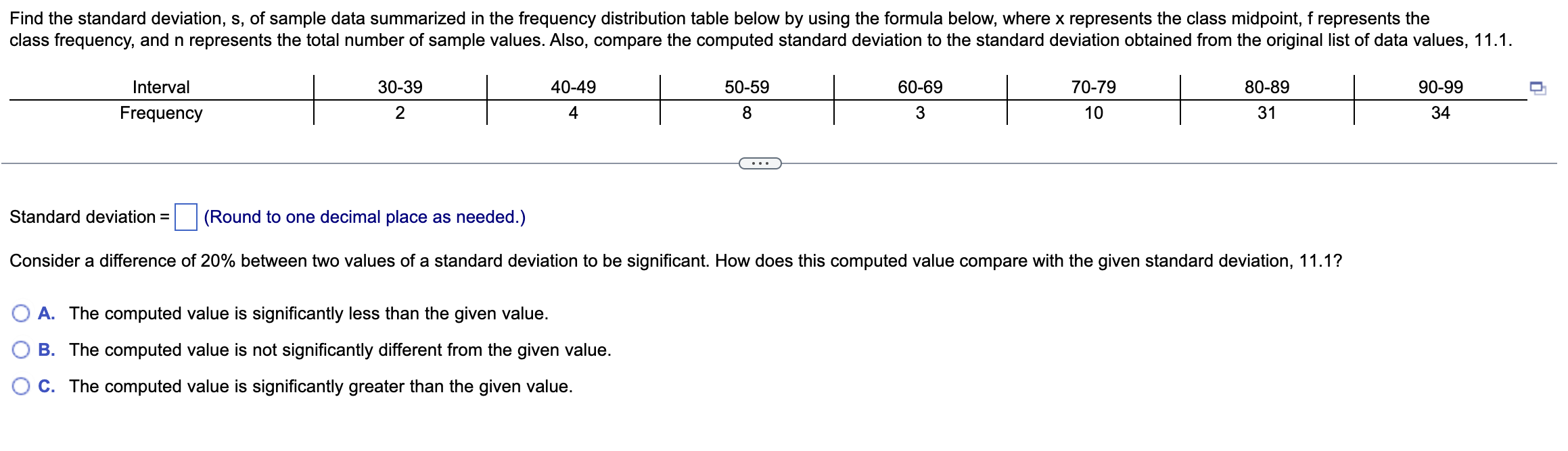 Solved Find the standard deviation, s, ﻿of sample data | Chegg.com