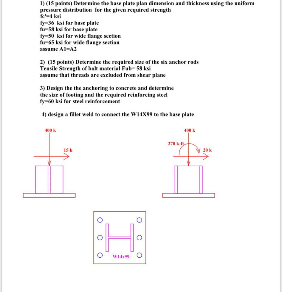 Solved (15 ﻿points) ﻿Determine the base plate plan dimension | Chegg.com