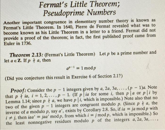 Solved 5. Review Wilson's Theorem, Fermat's Little Theorem, | Chegg.com