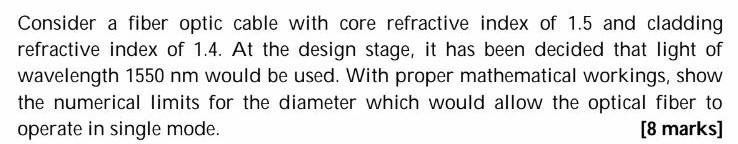 Consider a fiber optic cable with core refractive | Chegg.com