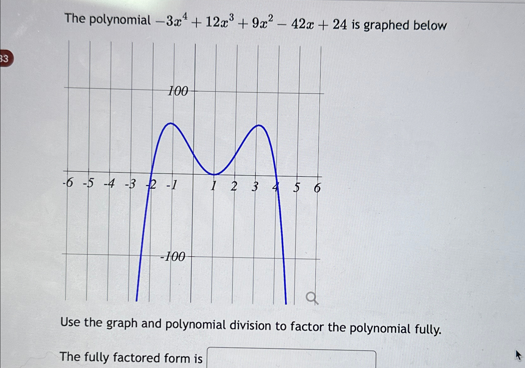 Solved The polynomial -3x4+12x3+9x2-42x+24 ﻿is graphed | Chegg.com