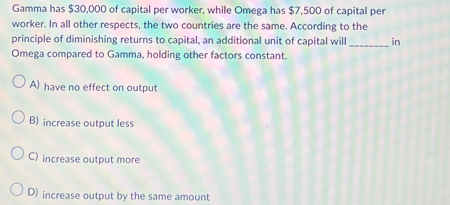 Solved Gamma has $30,000 ﻿of capital per worker, while Omega | Chegg.com