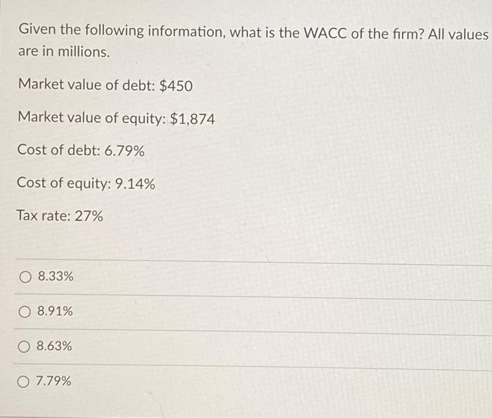 Solved Given the following information, what is the WACC of | Chegg.com