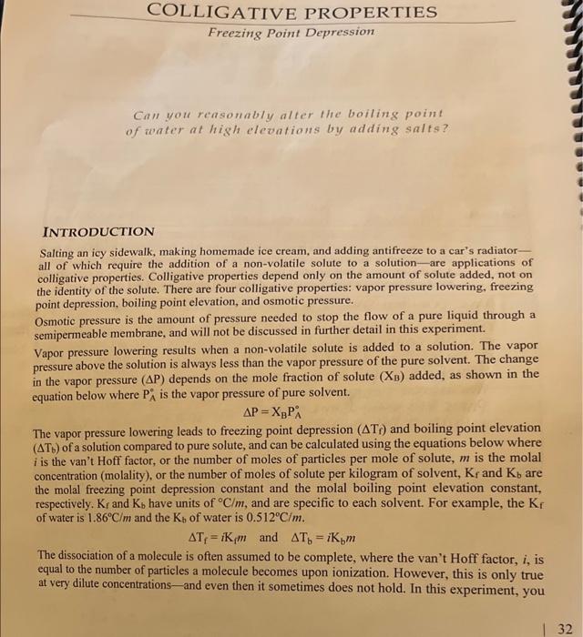 Solved A Calculate The Experimental Vant Hoff Factor I 0969