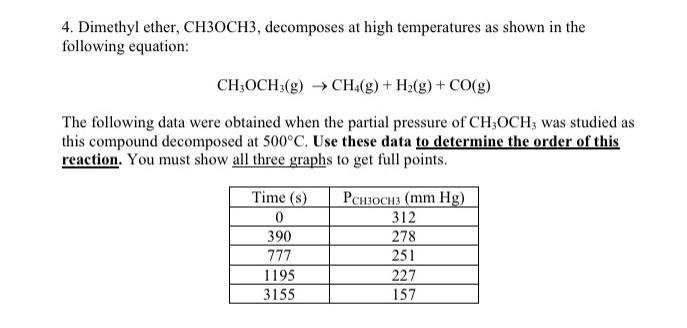 Solved 4. Dimethyl ether, CH3OCH3, decomposes at high | Chegg.com
