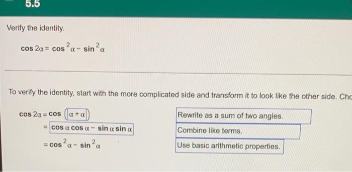 Solved 5.5 Verify the identity. cos 2a = cos? ( sin? To | Chegg.com