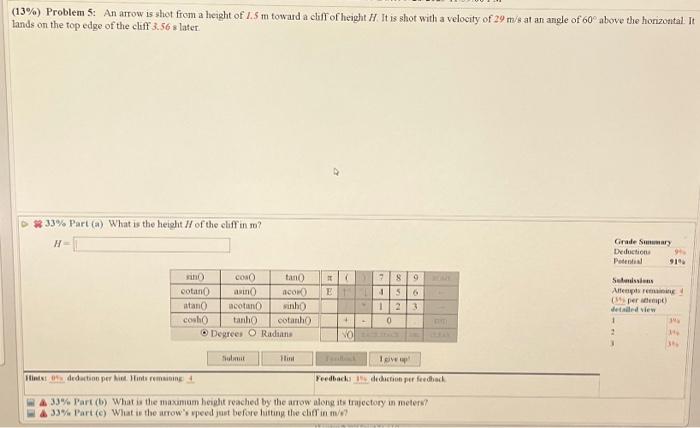 Solved Problem 5: An arrow is shot from a height of 1.5 m | Chegg.com