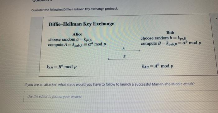 Solved Consider the following Diffie Hellman key exchange | Chegg.com Solved Consider the following Diffie Hellman key exchange | Chegg.com
