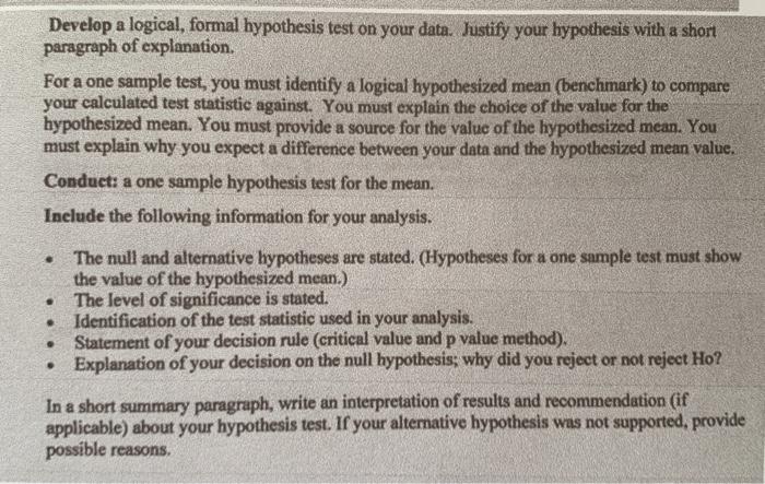 Solved Develop a logical, formal hypothesis test on your | Chegg.com