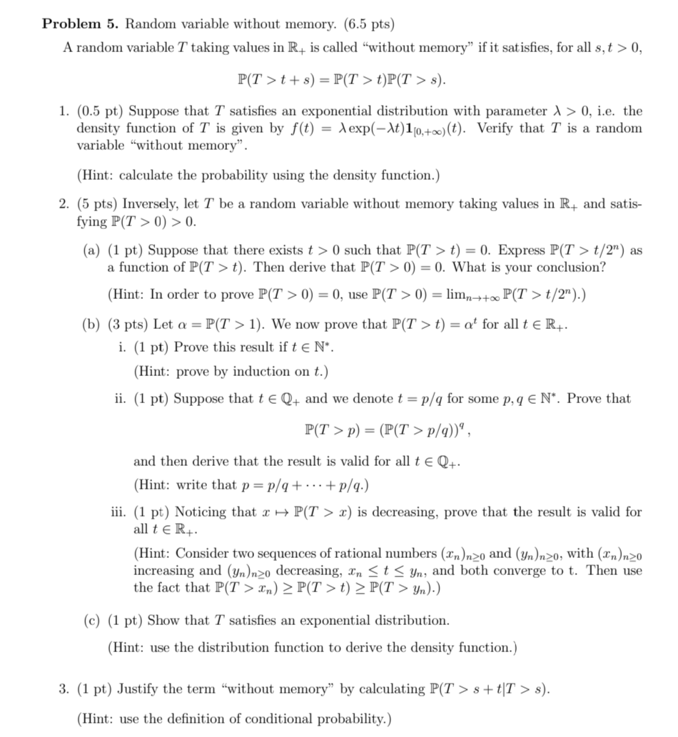 Solved Problem 5. Random variable without memory. (6.5 pts) | Chegg.com