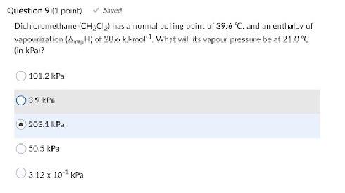 Solved Saved Question 9 (1 point) Dichloromethane (CHC19) | Chegg.com