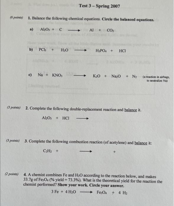 Solved (6 points) 1. Balance the following chemical | Chegg.com