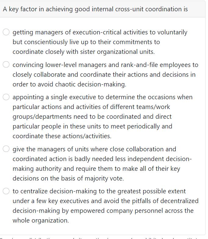 Solved A key factor in achieving good internal cross-unit | Chegg.com
